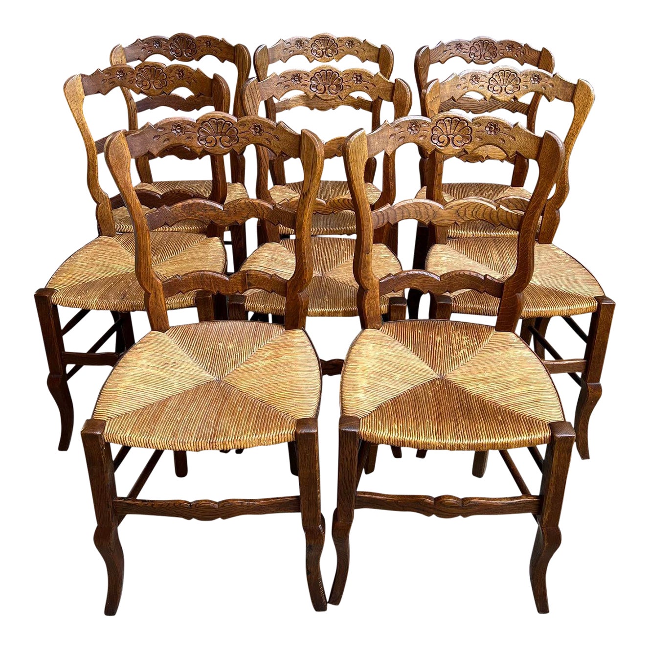 Set 8 Antique French Country Dining Chairs Carved Oak Rush Seat Ladder ...