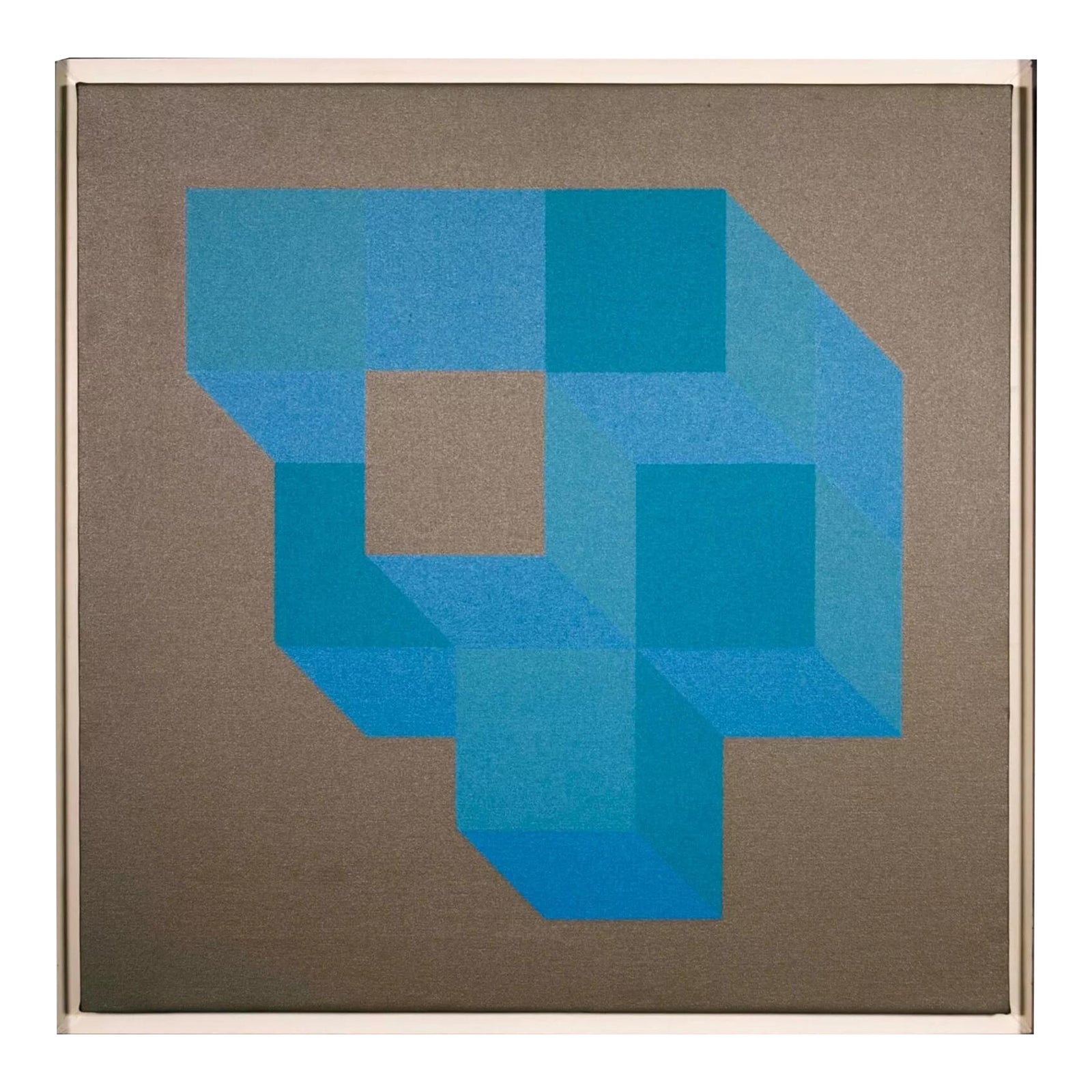 Vintage Op Art Blue Geometric Screenprint on Canvas Mid Century Modern ...