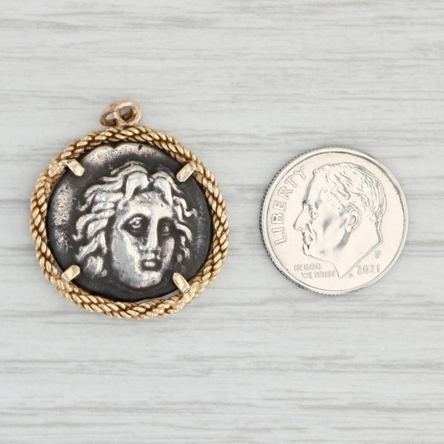 Silver Ancient Coin 14k Gold Bezel Pendant Figural Flower Charm Unknown ...
