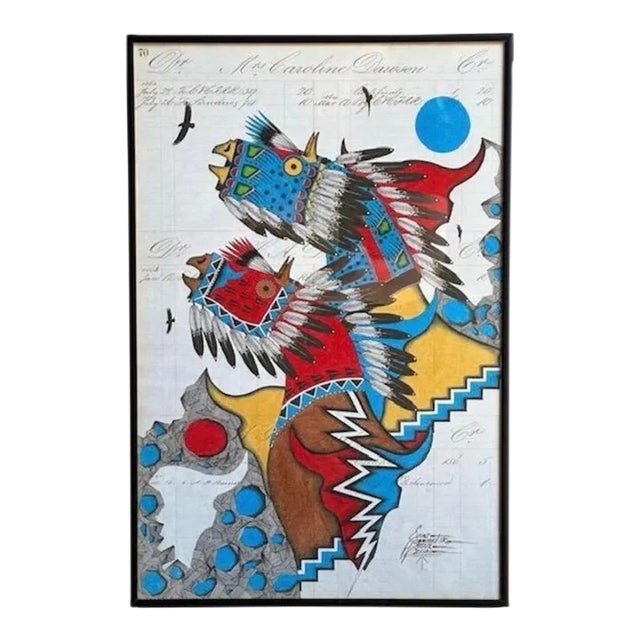 Contemporary Travis Blackbird Drawing on an 1863 Ledger Page "Return of ...