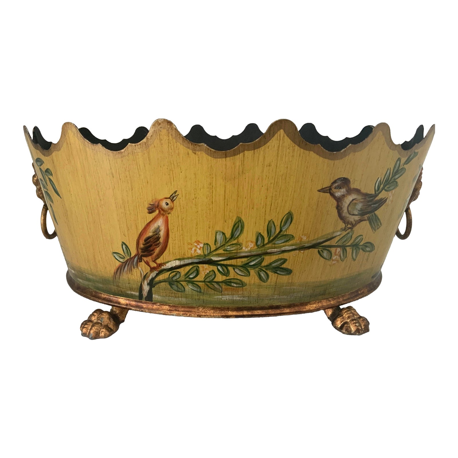 Vintage Tole Scalloped Edge Footed Cachepot With Birds and Lion Heads ...