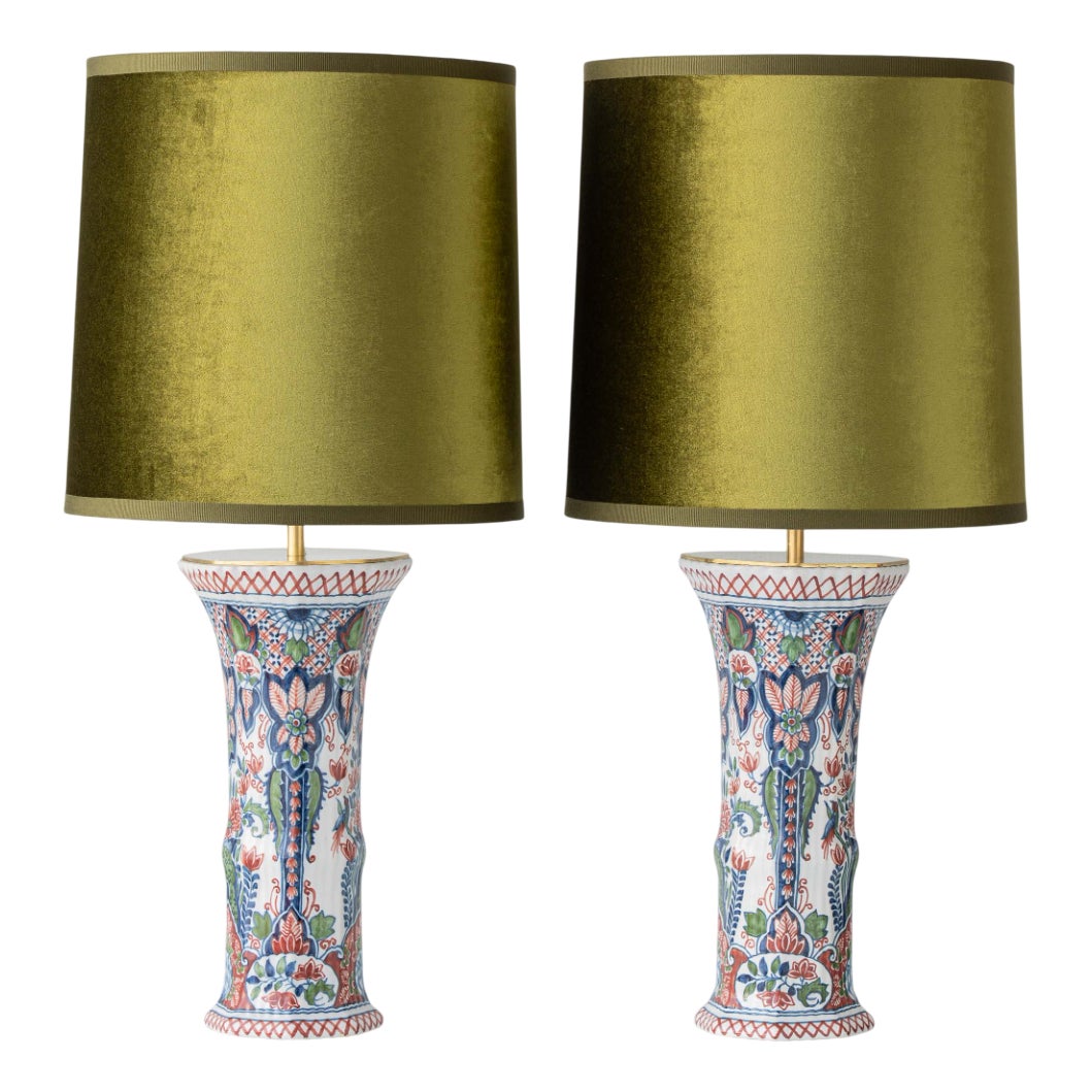 Dutch Delft Table Lamps with New Olive Velvet Drum Lampshades by Makkum ...