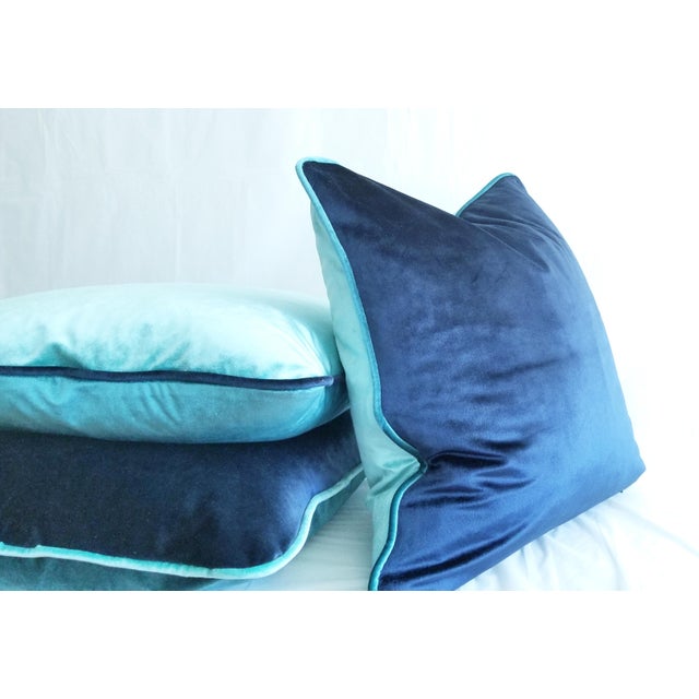 Topaz/Turquoise Velvet Pillow With Sapphire Piping Detail | Chairish