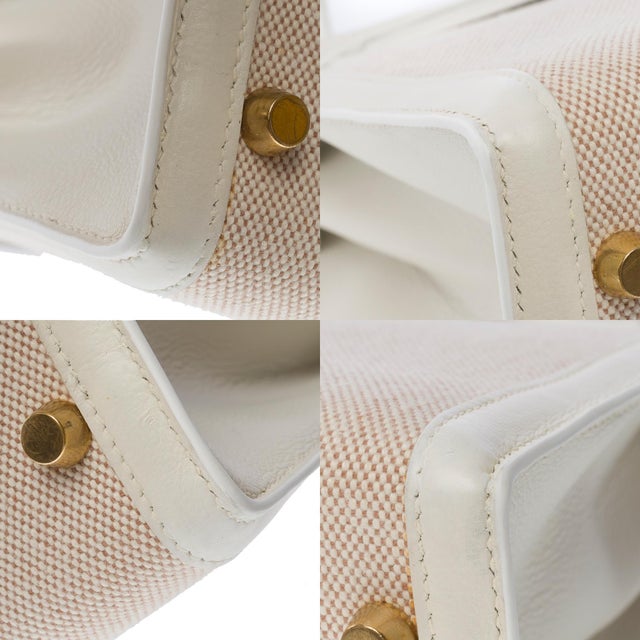 Hermes Kelly 28 Sellier Handbag Strap In White Canvas And Beige Leather ...