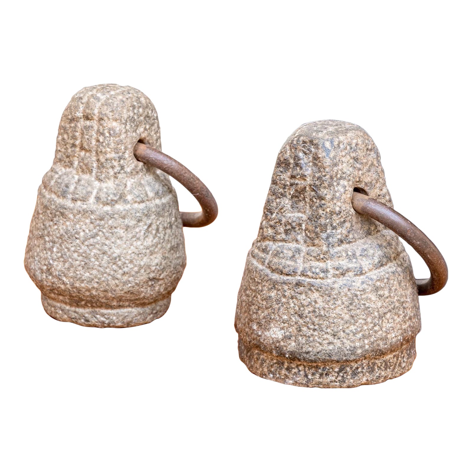 Primitive Carved Stone and Iron Ring Door Stops—A Pair | Chairish