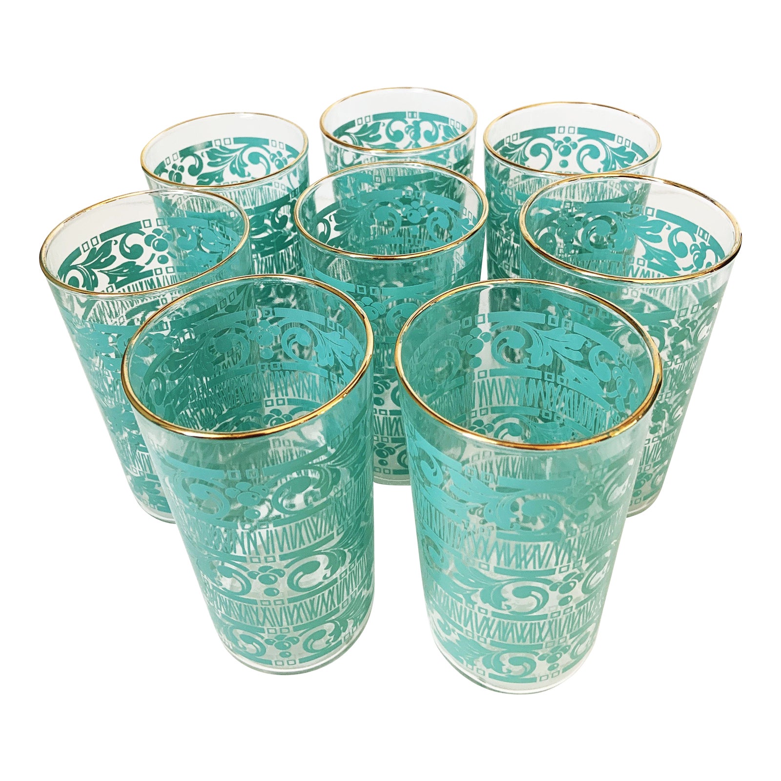 Mid-Century Modern Gold Rimmed Turquoise Tumbler Drinking Glasses- Set ...