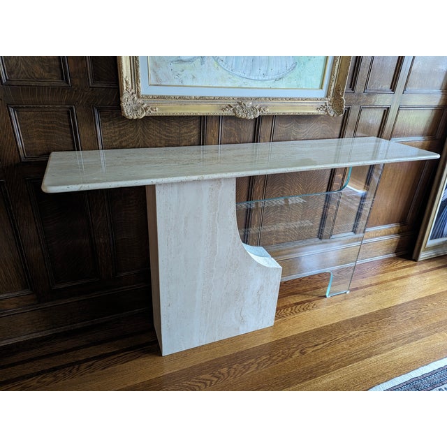 1980s Sculptural Travertine Marble & Glass Console Table | Chairish