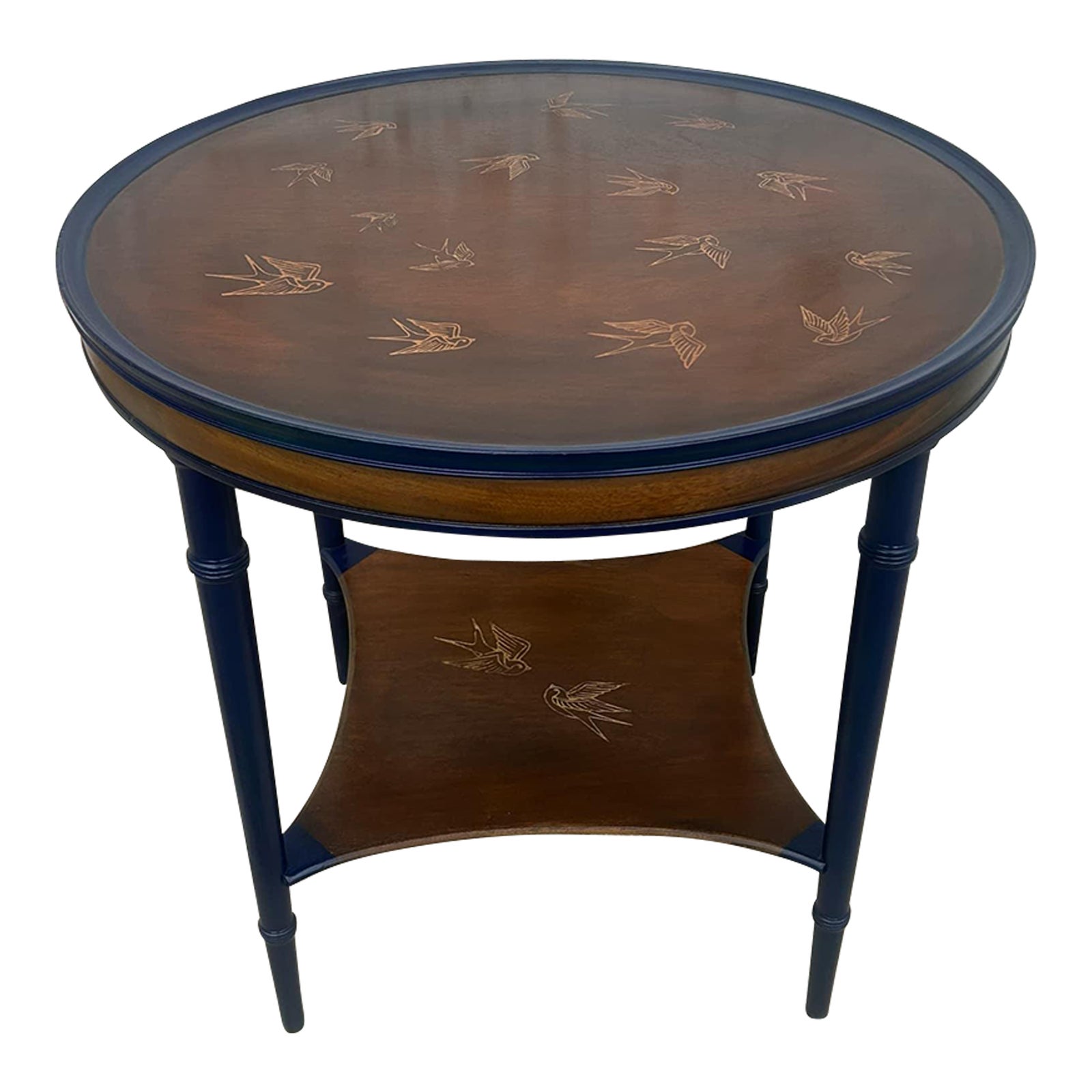 Vintage Tea Table Featuring Birds in Flight - Natural and Navy Blue | Chairish