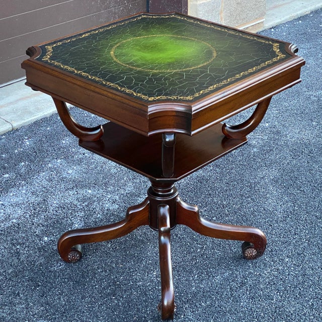 Mahogany Scroll Foot Center Table With Tooled Green Leather Top | Chairish