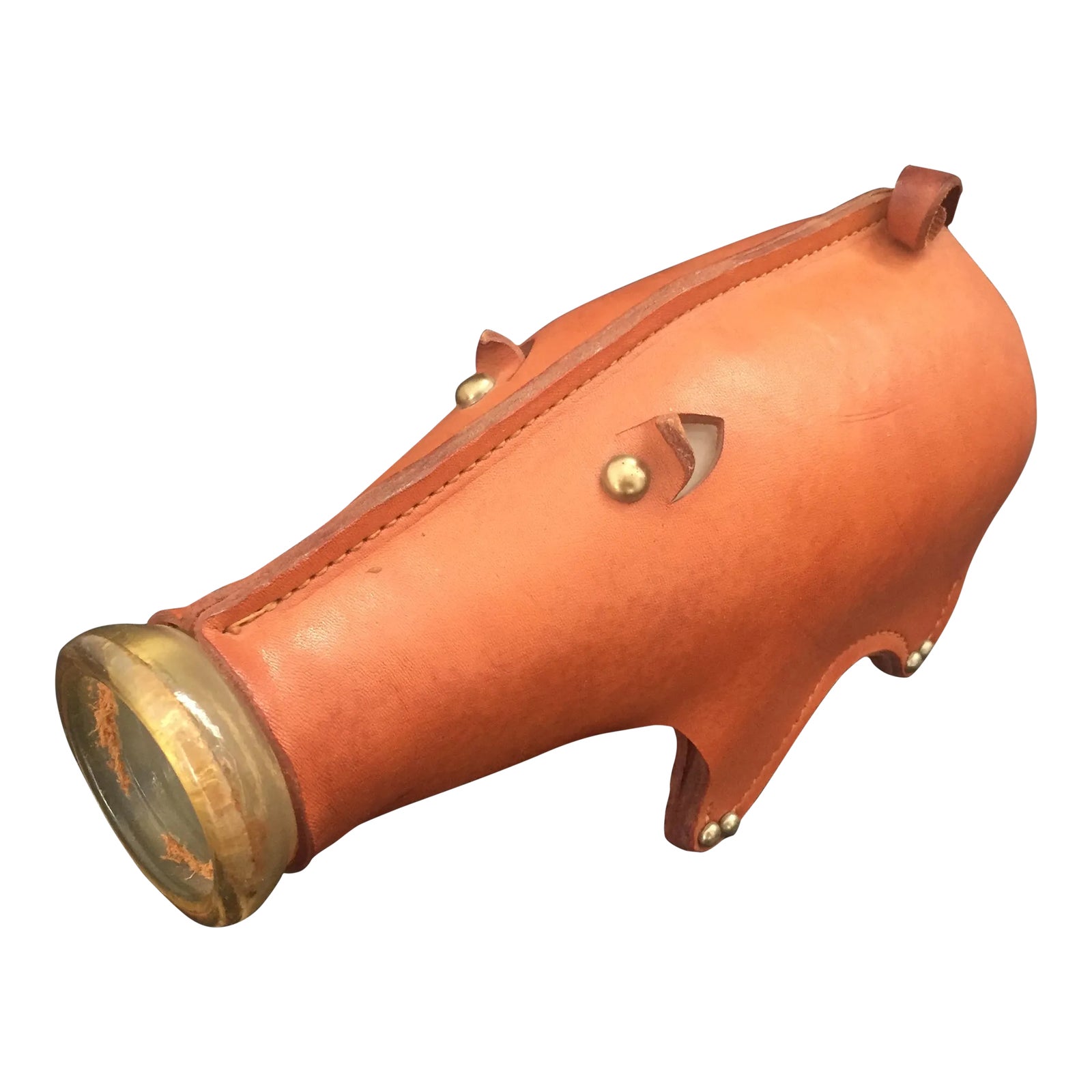 Vintage Milk Bottle Wrapped in Leather Piggy Cover Sculpture | Chairish