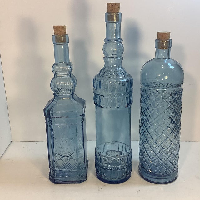 Vintage French Blue Pressed Decorative Glass Bottles - Set of 3. | Chairish