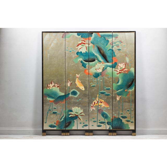 Four-Panel Screen with Koi and Lotus Design, Brass Feet, Elegant Room ...