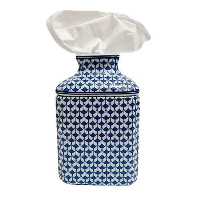 Contemporary Blue & White Fishnet Ceramic Tissue Box Cover | Chairish