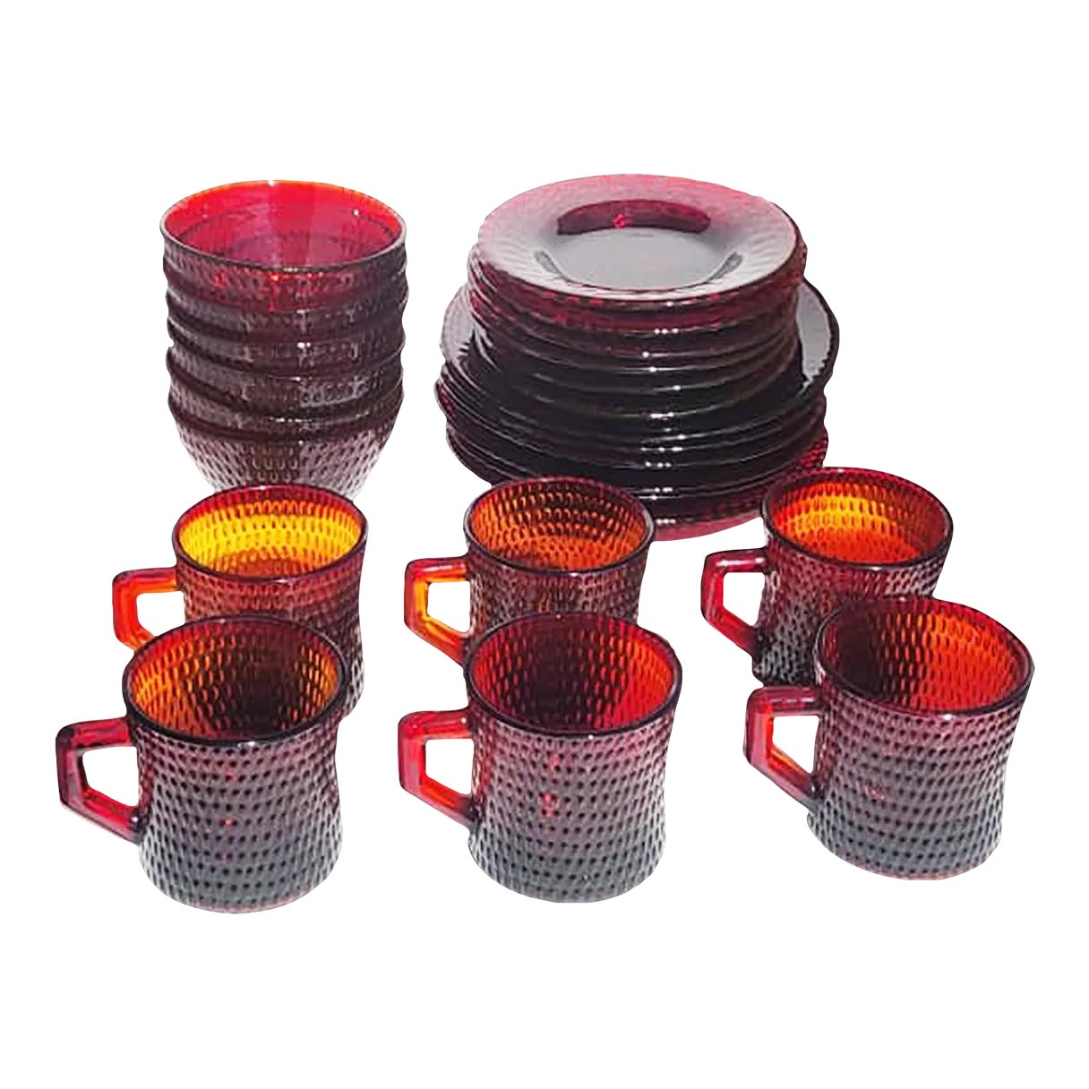 1960s Vintage Ruby Red Arcoroc Vercors 4-Piece Breakfast and Coffee/Tea ...