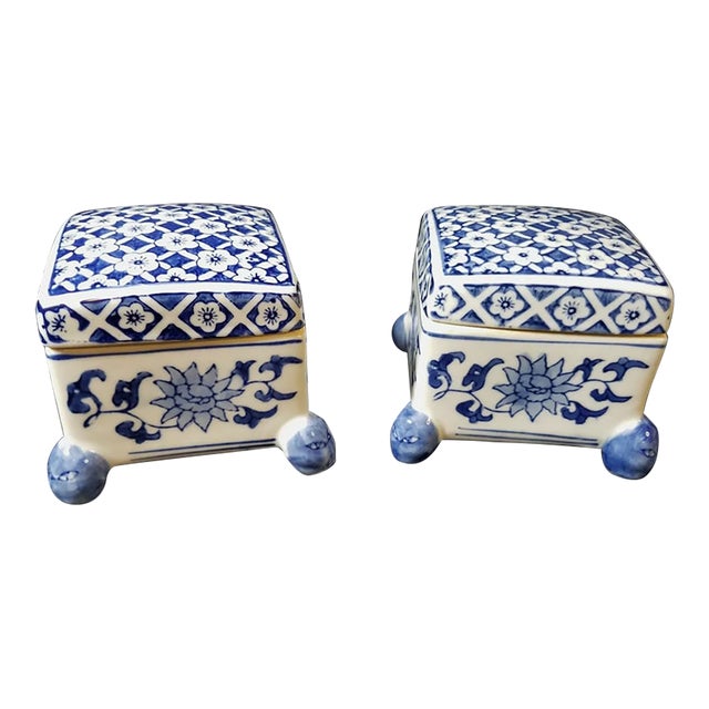 Mid 20th Century Footed Chinese Blue and White Lidded Boxes - a Pair ...