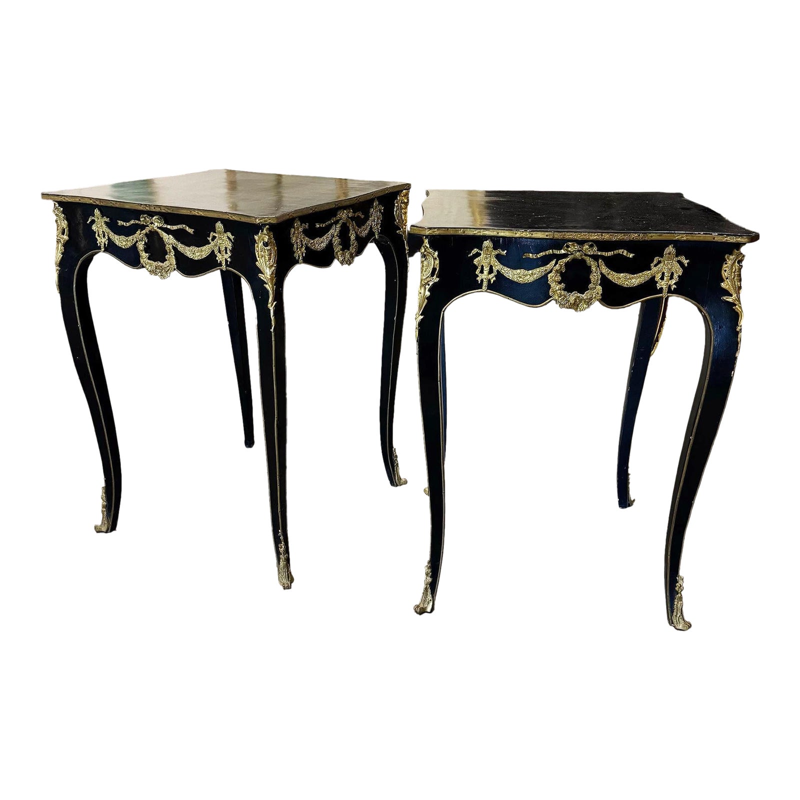 Pair Italian Style Black Side Tables Set With Bronze Details | Chairish