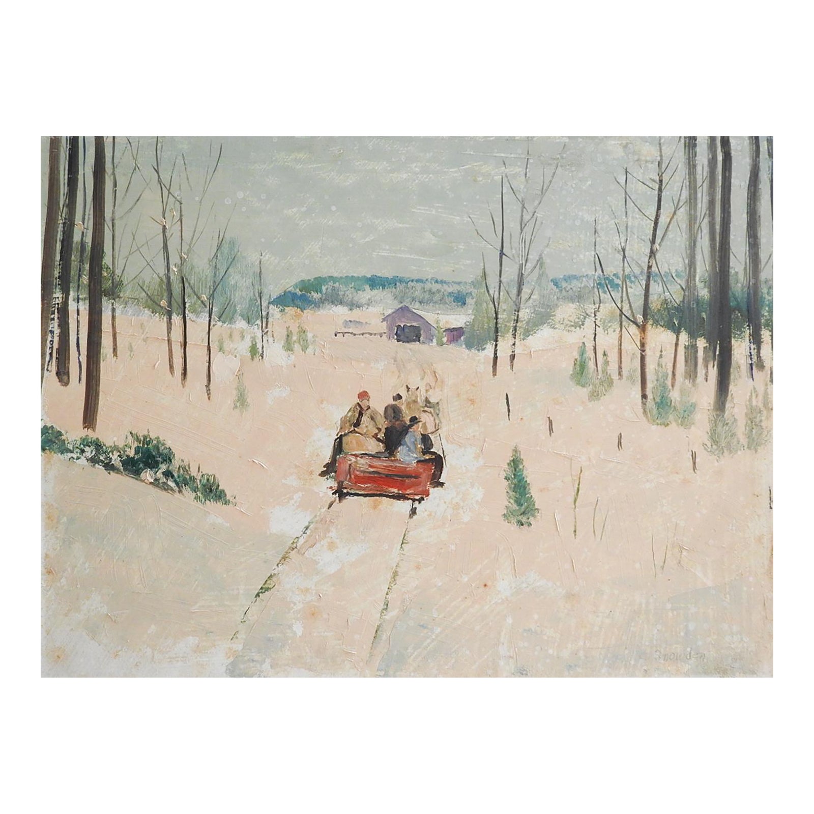 Chester Snowden Winter Snow Sleigh Scene Painting | Chairish