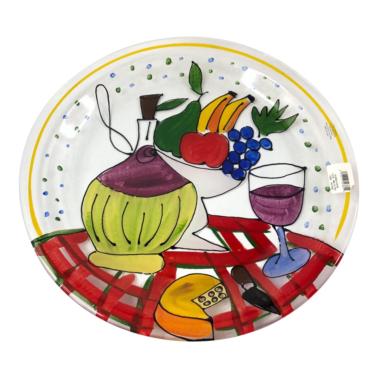 1990s Large Round Handpainted Fiasco Wine Bottle Welled Glass Platter ...