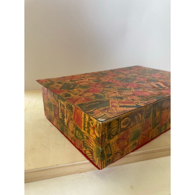 1970s Vintage Metal Lidded Box Covered With Stamp | Chairish