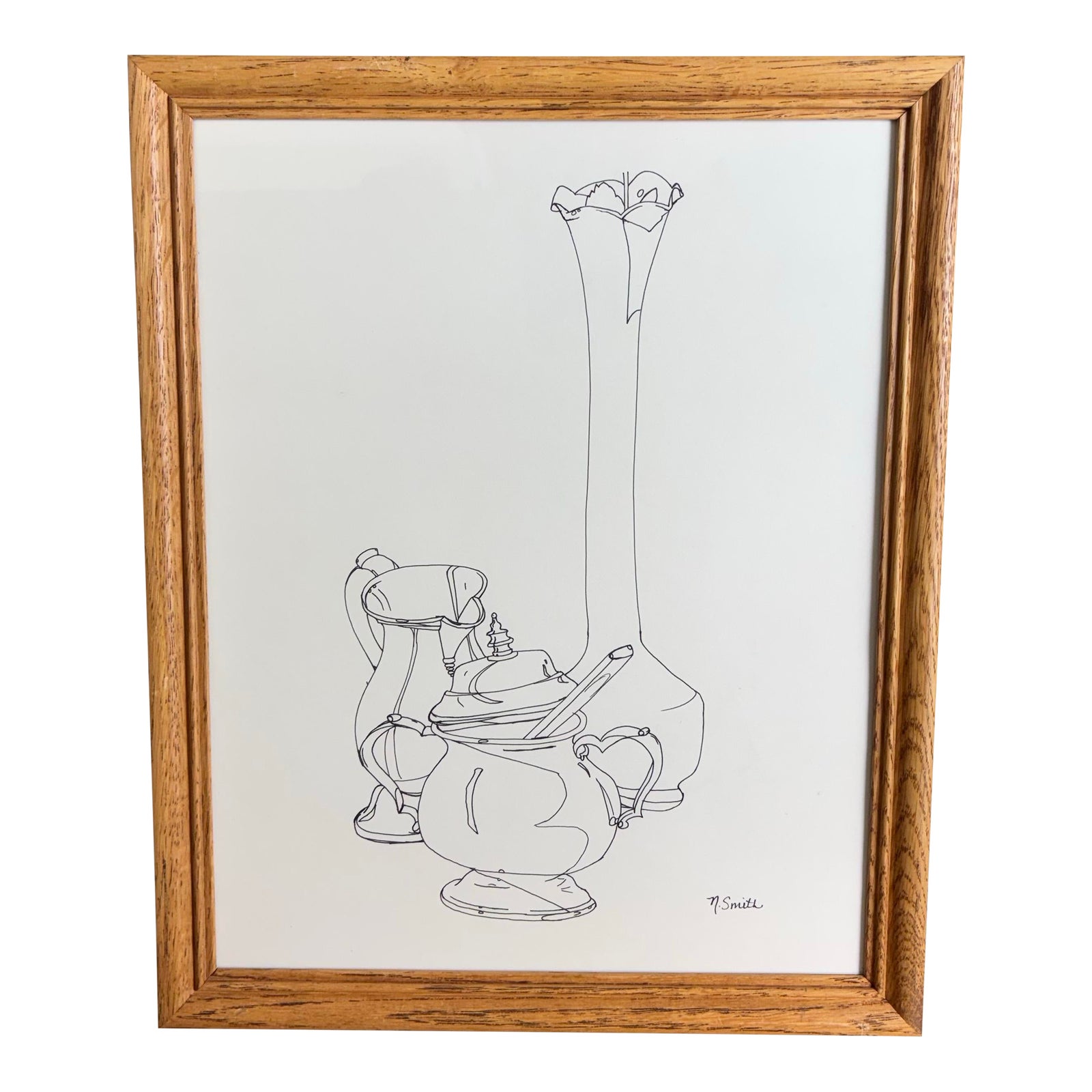 Original Line Drawing Still Life Signed and Framed | Chairish