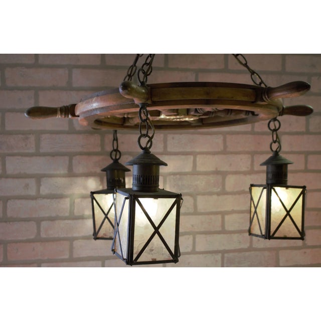 Nautical Style Ship Wheel With Three Hanging Lanterns Chandelier | Chairish
