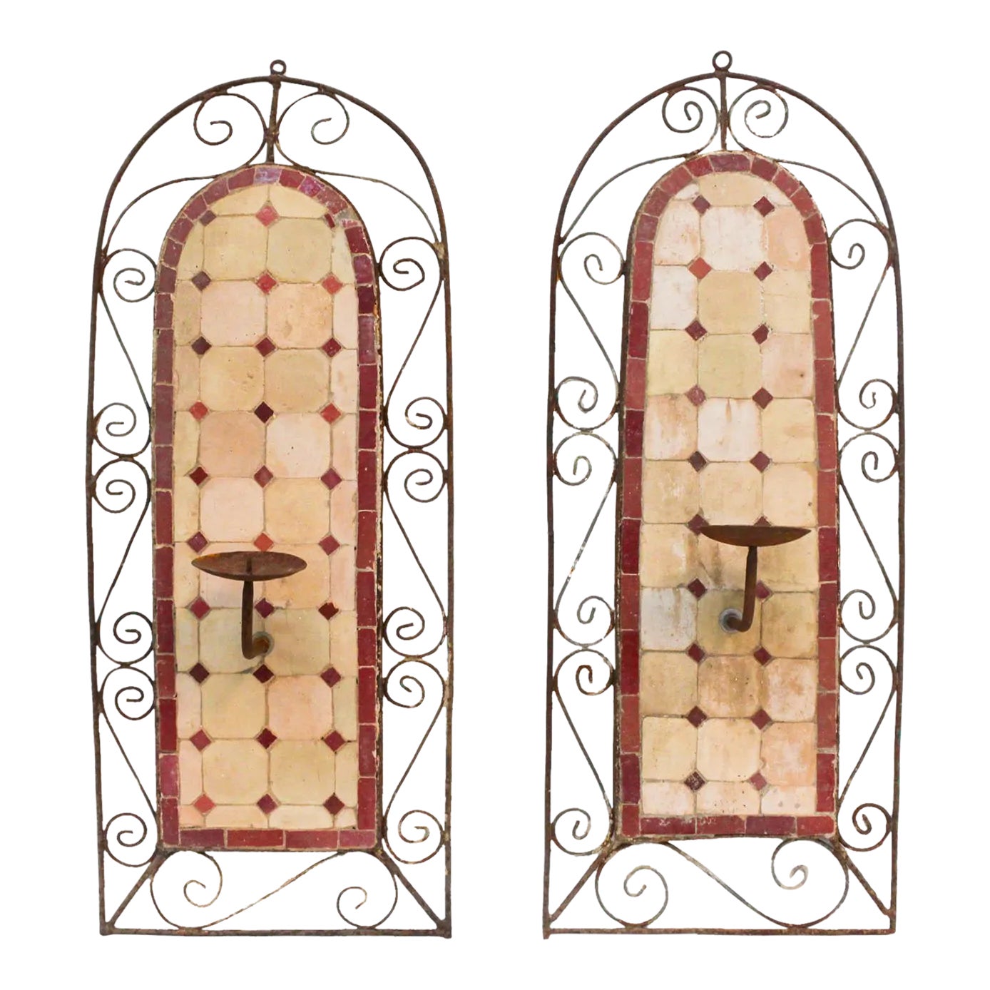 Terracotta Tile Wall Sconce With Candle Cup Red Accents | Chairish