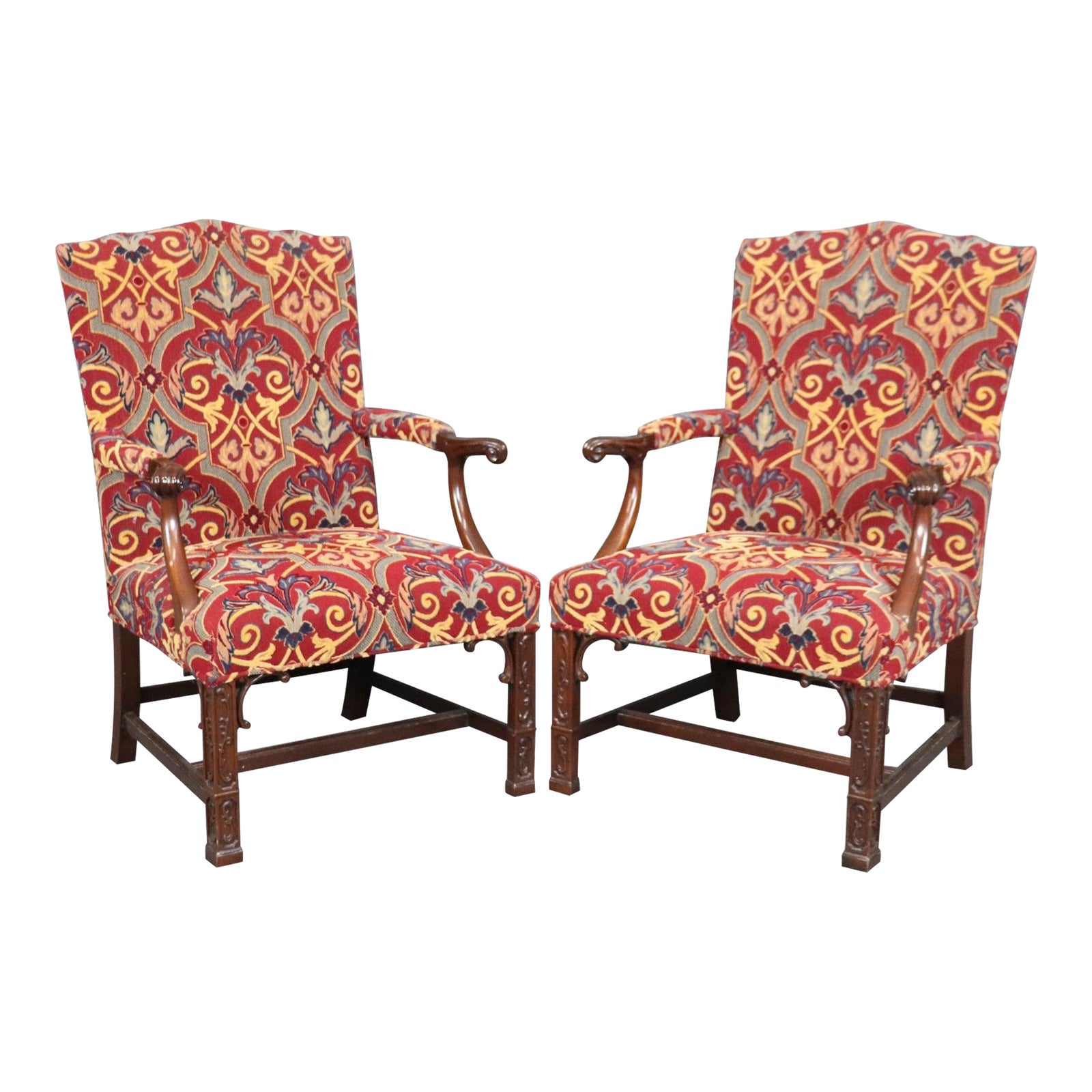 Solid Mahogany Blind Fretwork Chinese Chippendale Armchairs By ...