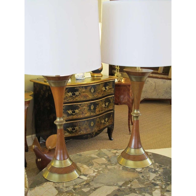 A Shapely American Mid-Century Walnut & Brass Hour-Glass Shaped Lamps ...