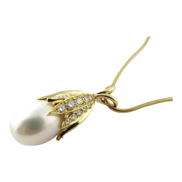 Vintage 18k Yellow Gold Pearl and Diamond Bell Flower Pendant Necklace ...
