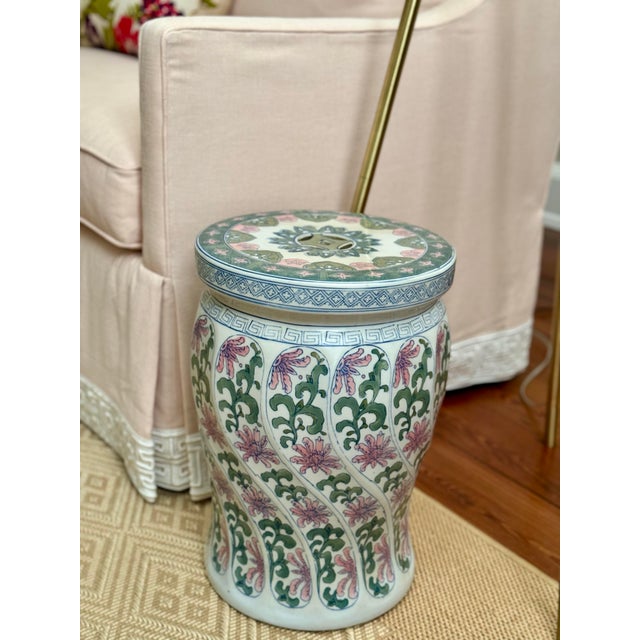 Late 20th Century Chinoiserie and Pink and Green Floral Garden Stool ...