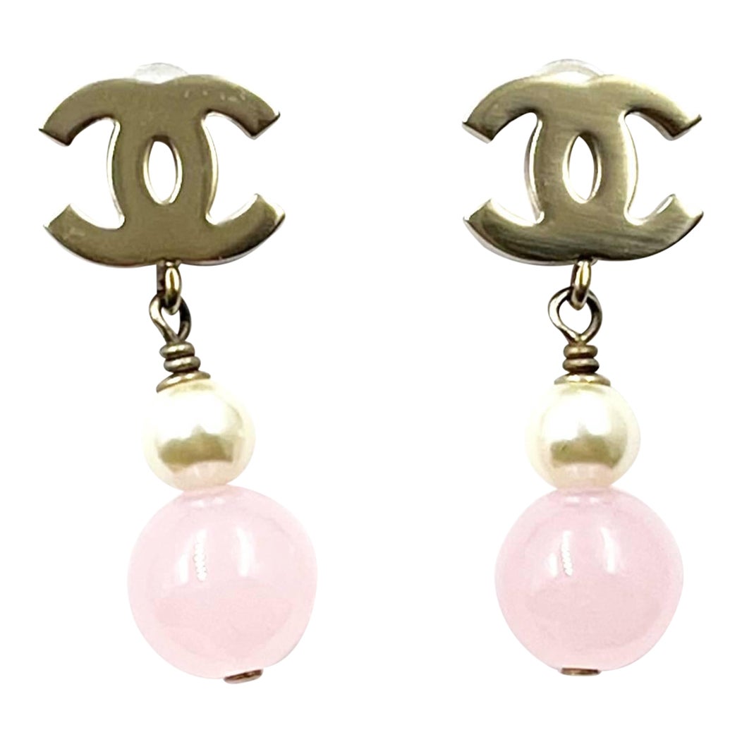 Chanel Gold Cc Pearl Pink Bead Dangle Piercing Earrings - 2 Pieces ...
