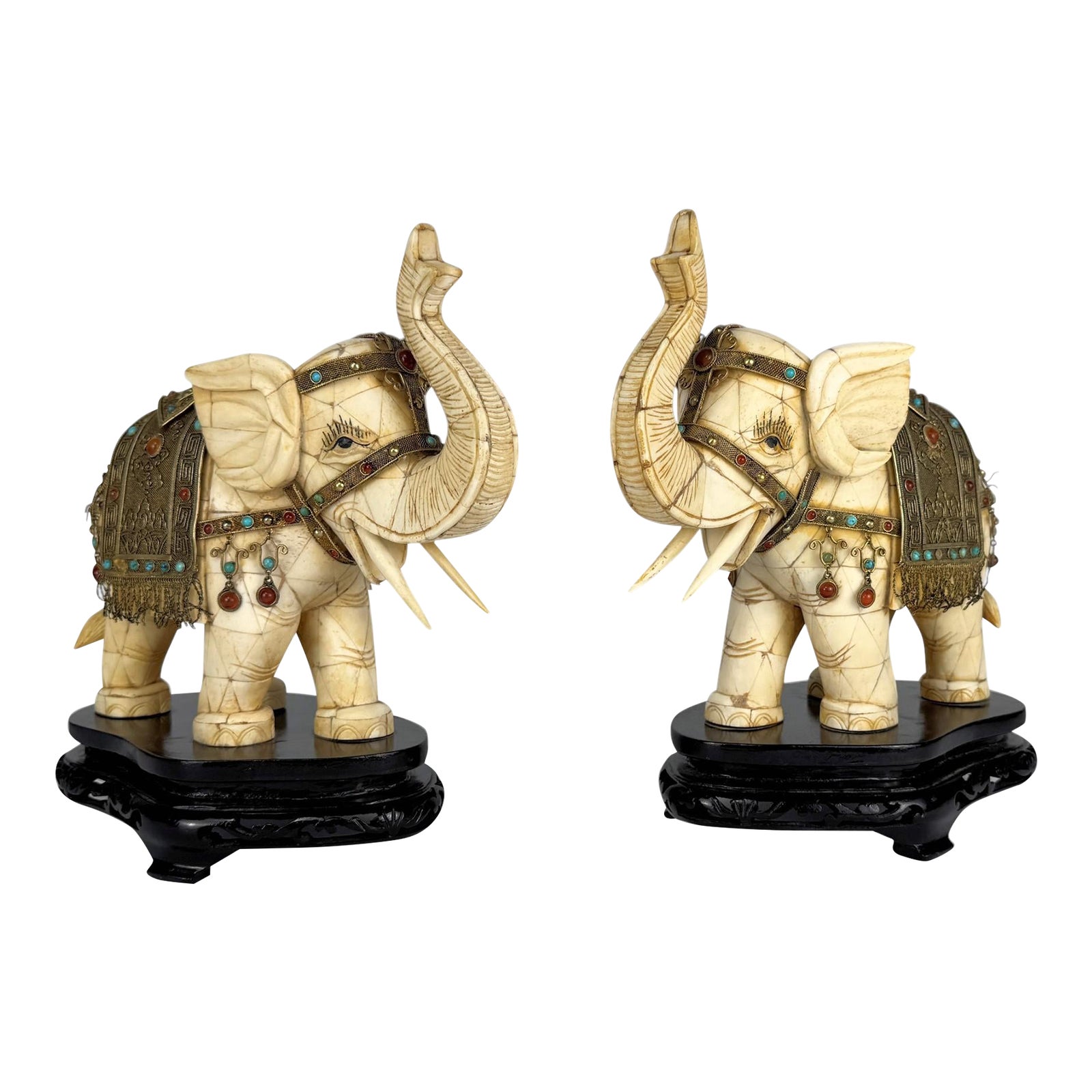 Mid 20th Century Carved Bone Elephant Sculptures, a Pair | Chairish