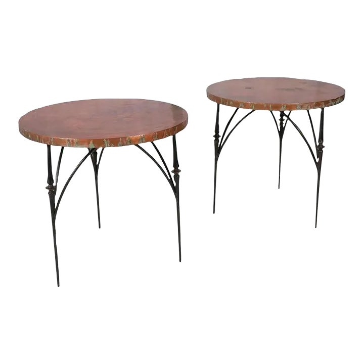 Cast Iron End Tables with Copper Clad Tops - A Pair | Chairish
