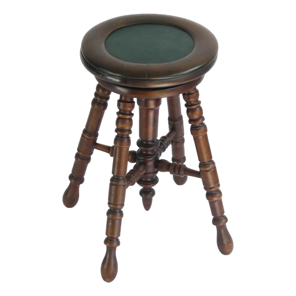 Original Antique Wooden Piano Stool with Green Leather and Adjustable ...