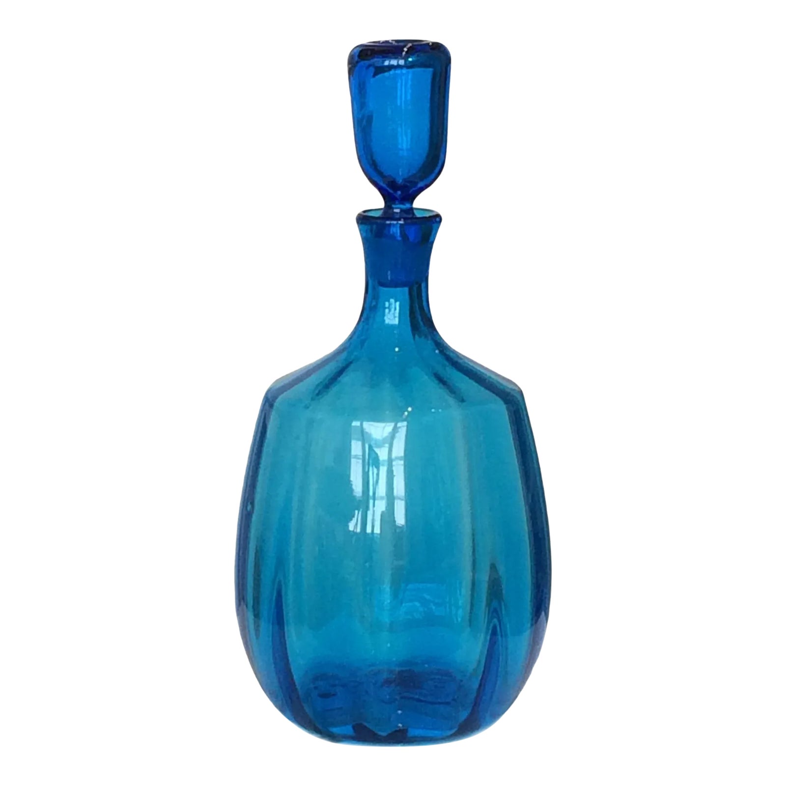 Vintage Blenko Glass, 1960s Blue Blenko Ribbed Decanter Design by John ...