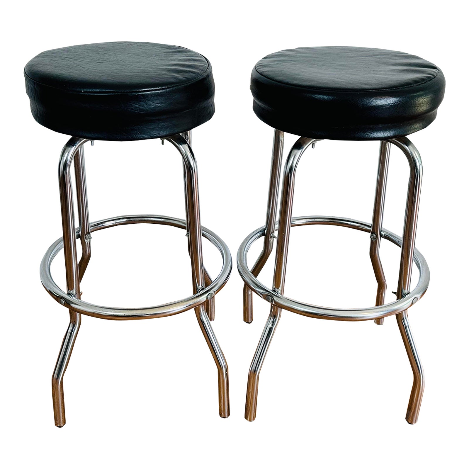 Vintage 1970s Black Vinyl Swivel Bar Stools, a Pair | Chairish