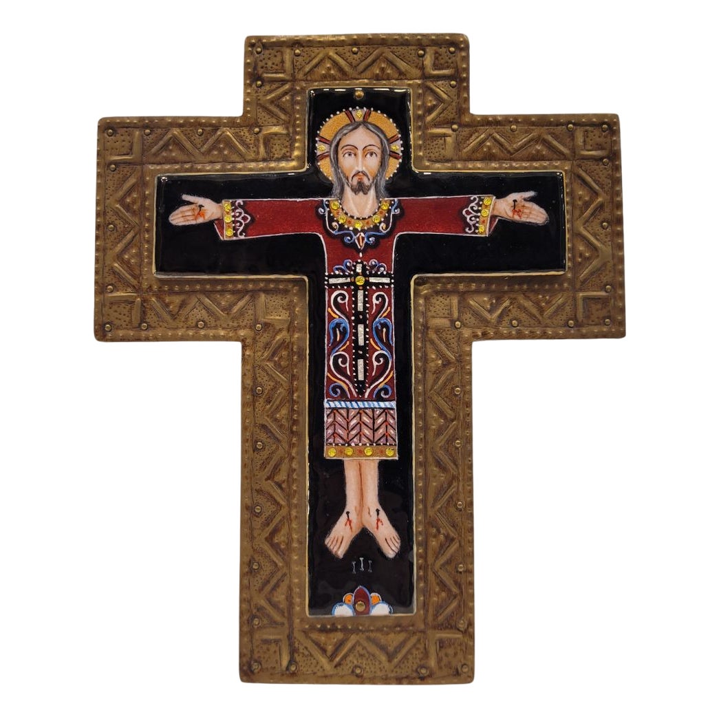 Fire-Enamelled Crucified Christ Icon in Brass and Wood Cross, 1980s | Chairish