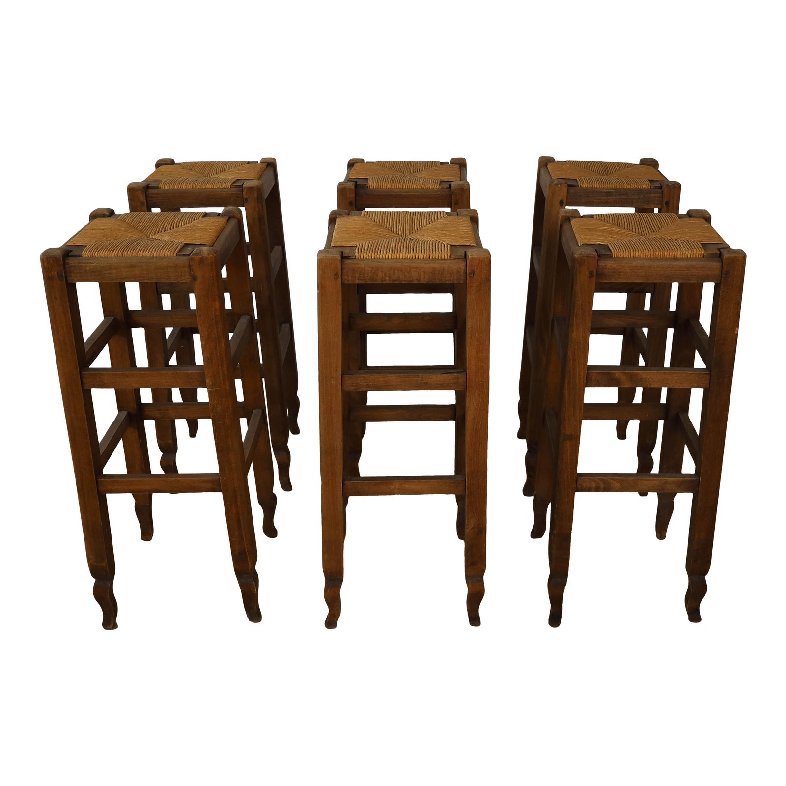 Set of 6 French Oak and Rush Bar Stools, Circa 1940s | Chairish