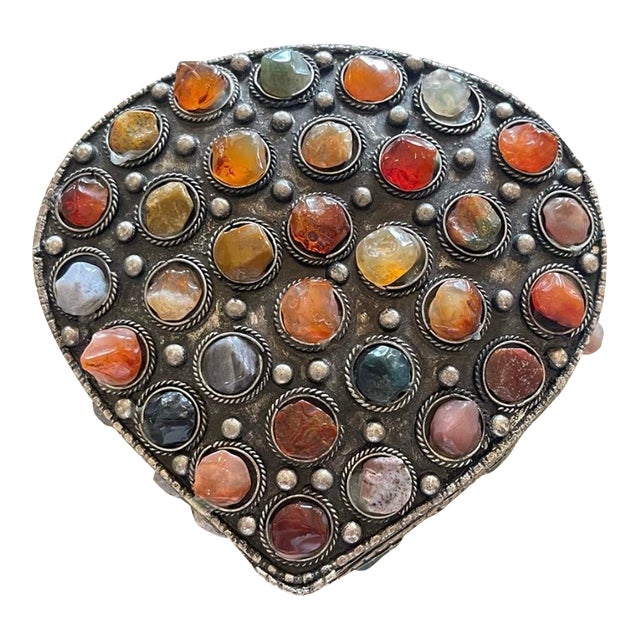1990s Vintage Moorish Sajai Box Inlaid With Agate Stones | Chairish