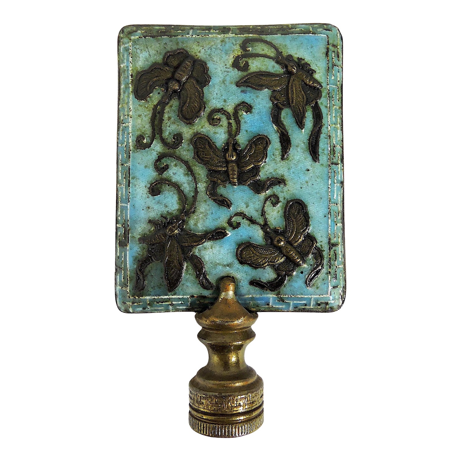 Old Chinese Turquoise Cloisonné Enamel Brass Lamp Finial With Moths and ...