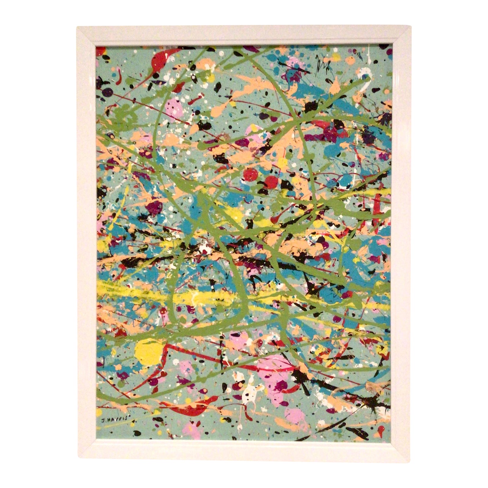 J. Harris Original Drip Paint on Canvas “Abstract on Blue: Part I Green ...