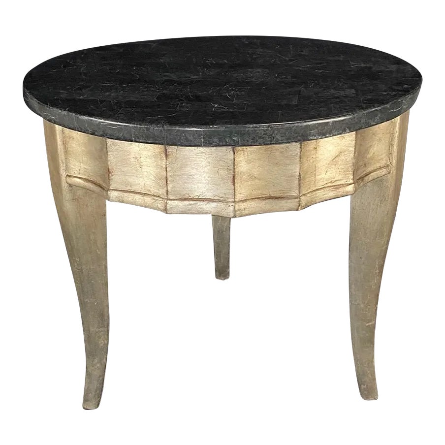 Mid-Century Modern Round Silver Leaf Side Table With Green Marble Top | Chairish