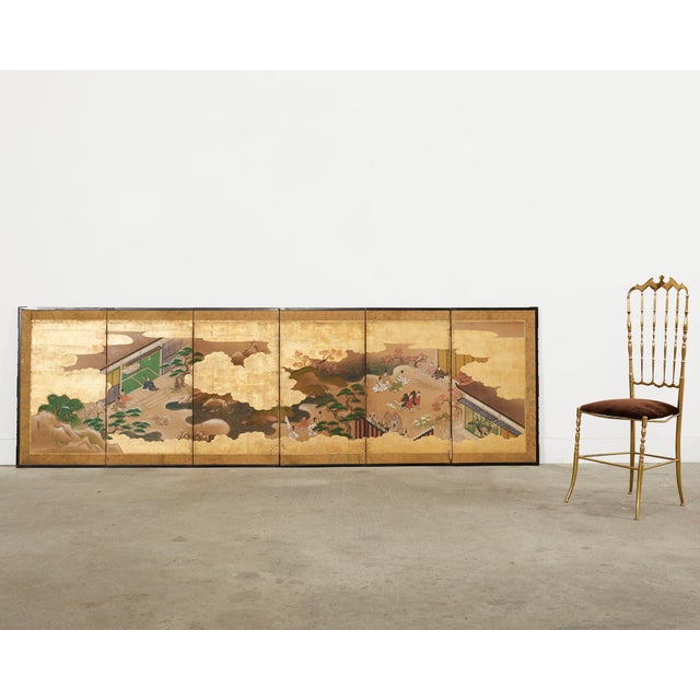Pair of Japanese Showa Six Panel Screens Tales of Genji | Chairish