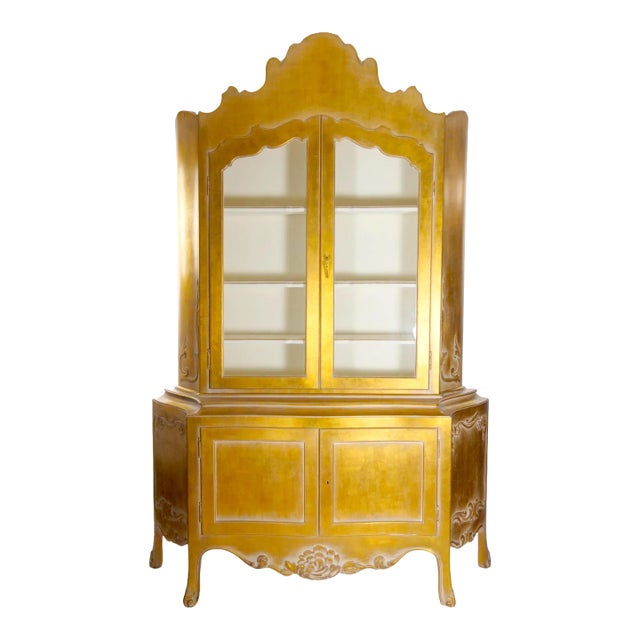 Hand Carved Gilt Gold Painted Exterior Two Part Display Cabinet | Chairish