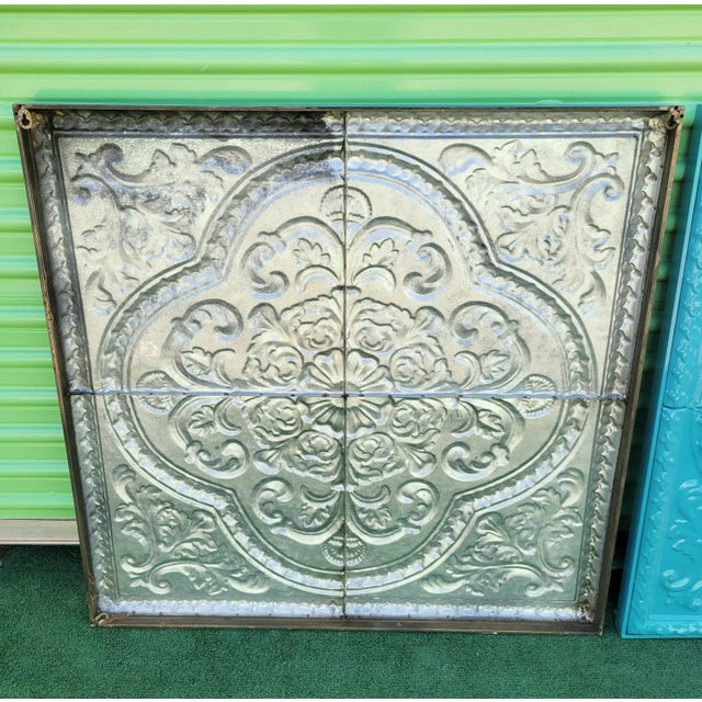 Vintage Huge Square Bright Blue Carved Metal Tin Ceiling Tile Wall Art- a Pair | Chairish