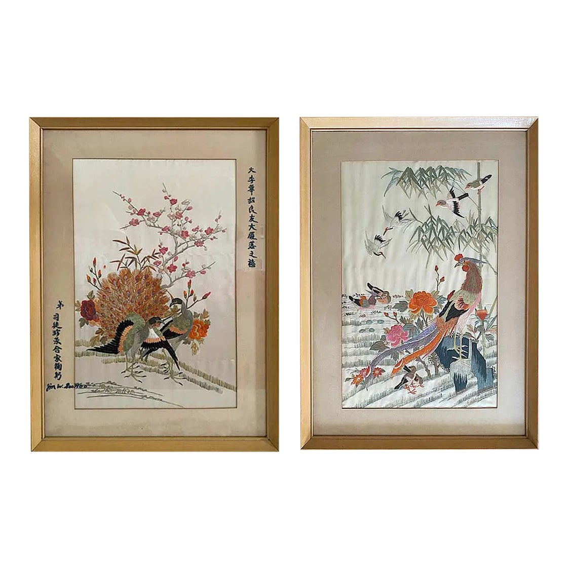 Vintage Silk Embroidered Wall Hangings With Exotic Bird and Flora Motif ...