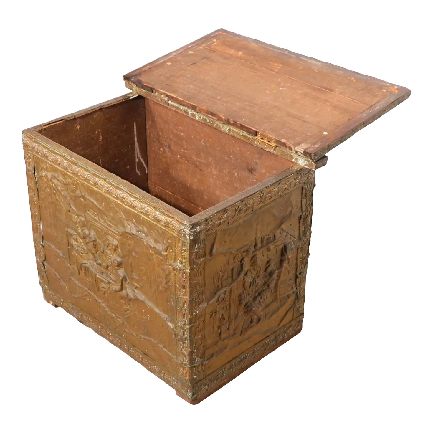 Antique Repousse Brass Firewood Box | Chairish