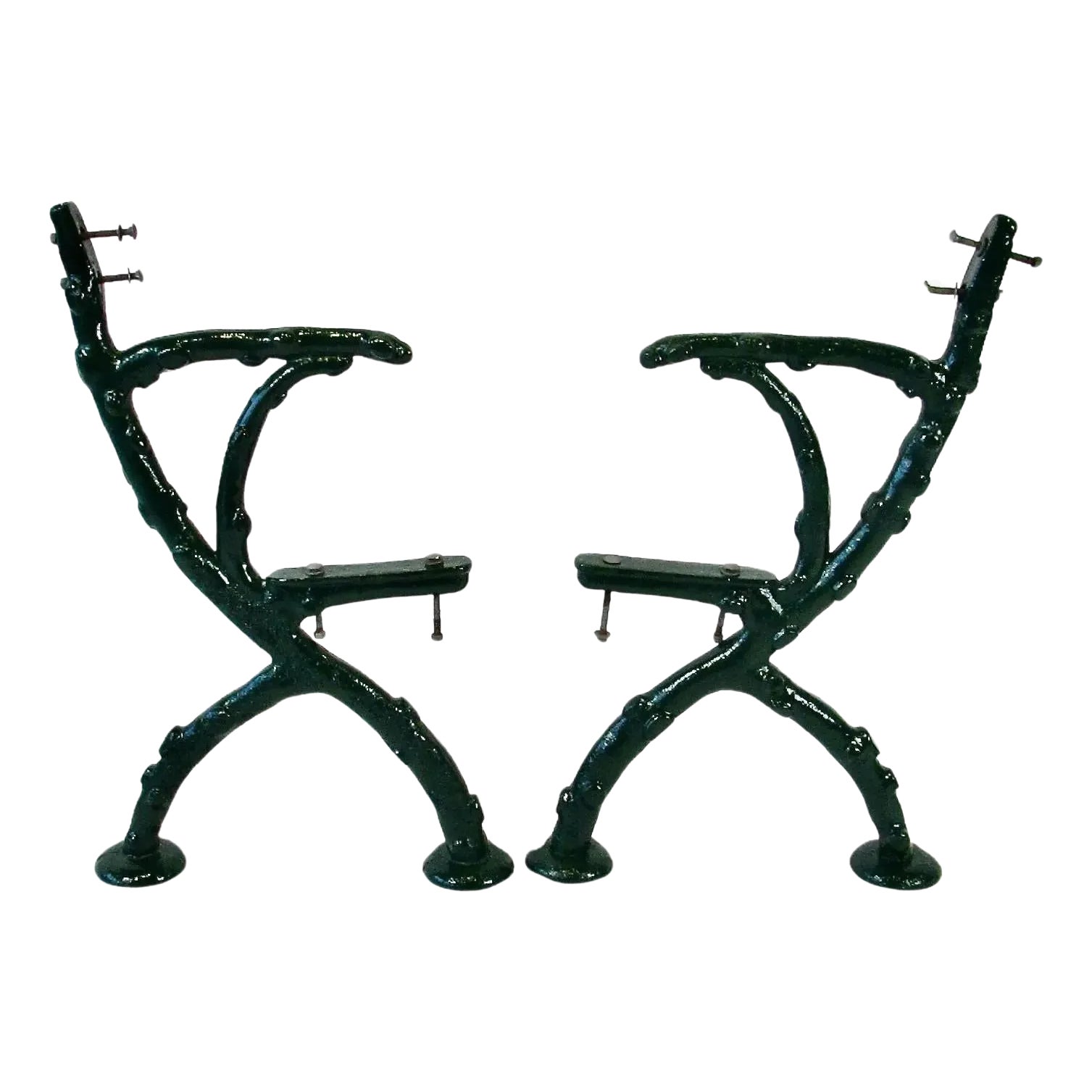 19th Century Heavy Cast Iron Faux Bois Bench Frames in Hunter Green ...