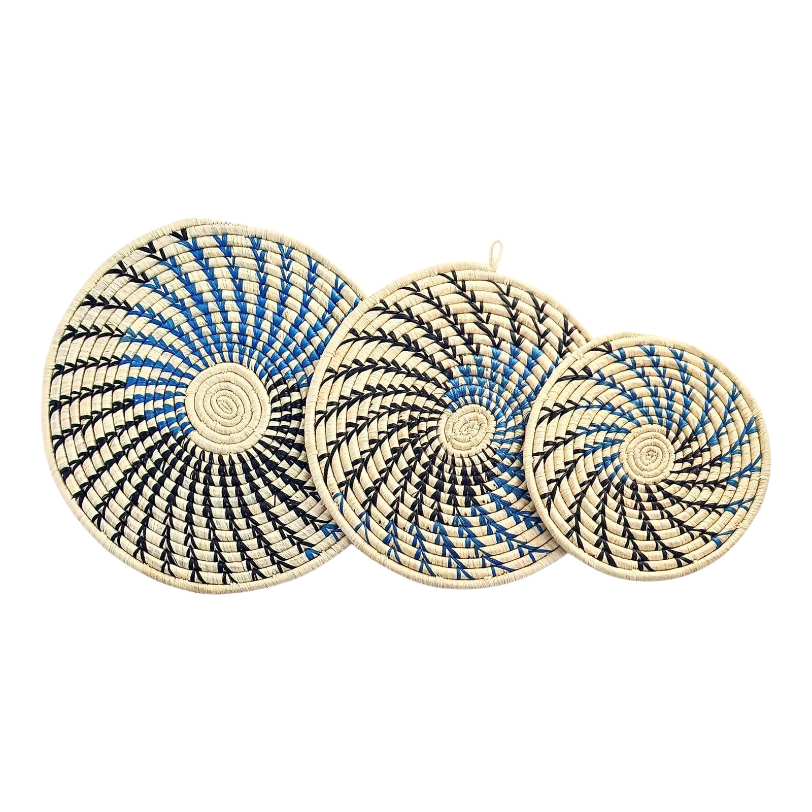 Beige, Blue & Black Woven Raffia Trivets- Set of 3 | Chairish