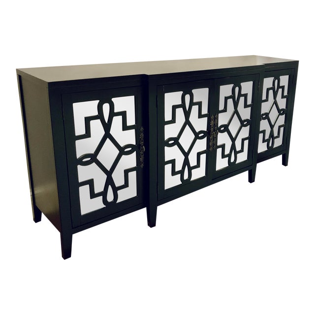 Modern Ebony Finished Four Door Mirrored Sideboard | Chairish